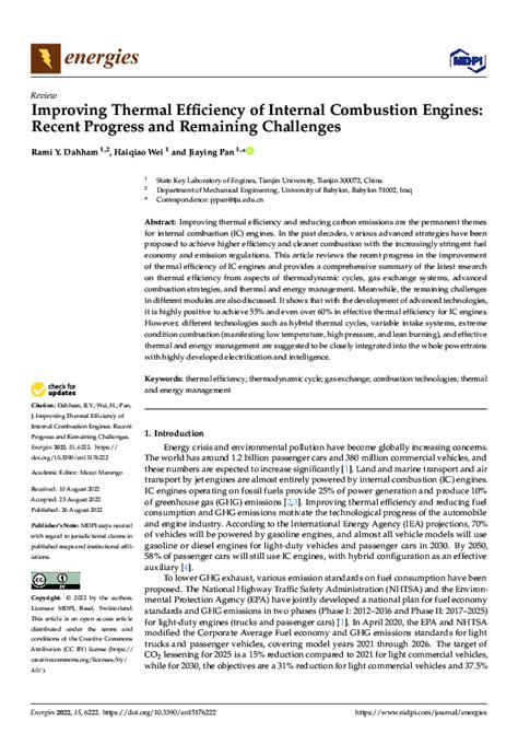 Pdf Improving Thermal Efficiency Of Internal Combustion Engines Recent Progress And Remaining