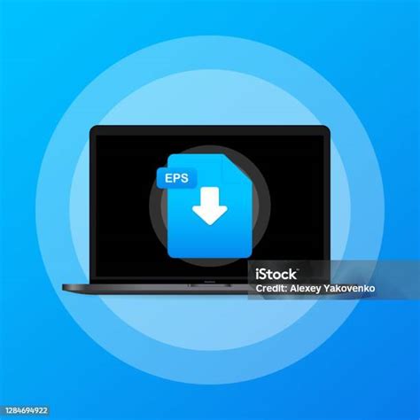 랩톱 및 다운로드 Eps 파일 아이콘 문서 다운로드 개념입니다 Eps 레이블 및 아래쪽 화살표 기호입니다 격리된 배경의 벡터입니다 Eps 10 개념에 대한 스톡 벡터 아트
