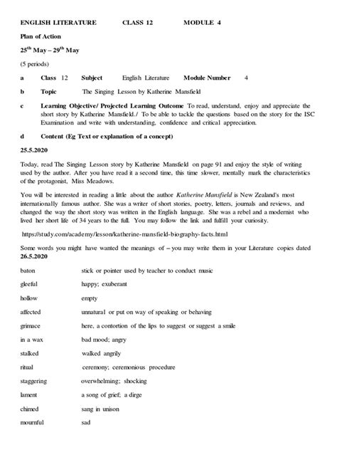 English Literature Class 12 Module 4 The Singing Lesson By Katherine Mansfield Pdf
