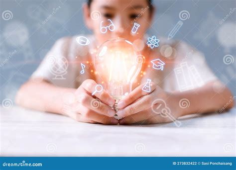 Girl Holding Light Bulb With Virtual Education Graduate Icon E Learning Education Smart