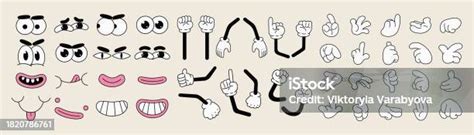 70년대 그루비한 코믹 얼굴 벡터 세트 만화 캐릭터 얼굴 다리 행복 화남 슬픔 쾌활한 다양한 감정의 손 모음 귀여운 복고풍 그루비 히피 일러스트레이션 장식 스티커 0명에