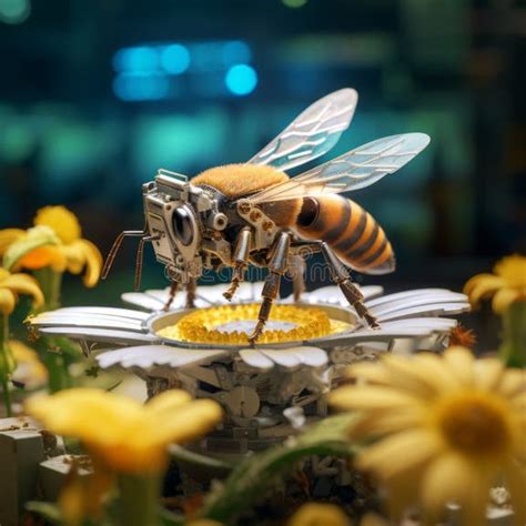 Digital Pollination Electronic Bee On An Electric Flower Wonderland Stock Illustration
