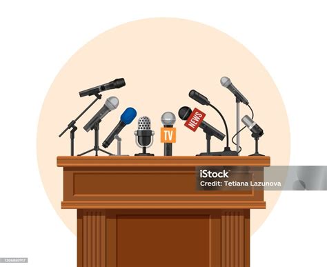 기자회견 연단 기자 마이크와 토론 스피커트리뷴 인터뷰 또는 공개 발표 벡터 개념을 위한 플랫폼 마이크에 대한 스톡 벡터 아트 및 기타 이미지 Istock