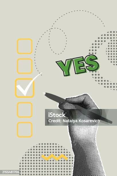 트렌디한 하프톤 콜라주 승인 개념 프로젝트 승인을 위해 올바른 확인란 표시를 만드는 사람의 손 일러스트레이션에 대한 스톡 벡터