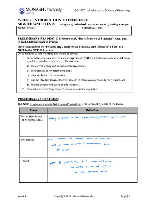 Week 07 Weekly Tutorial Answers Sci1020 Introduction To Statistical Reasoning Week 7