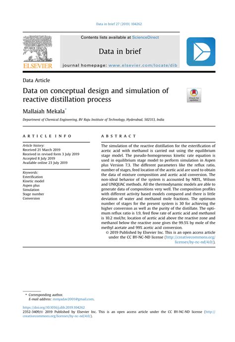 Pdf Data On Conceptual Design And Simulation Of Reactive Distillation Process