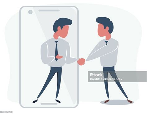 온라인 계약 개념 배경 성공적인 협상 후 악수 스마트 폰 화면에 사업가 트렌디 한 스타일의 남성 캐릭터와 요소 개념에 대한 스톡 벡터 아트 및 기타 이미지 Istock