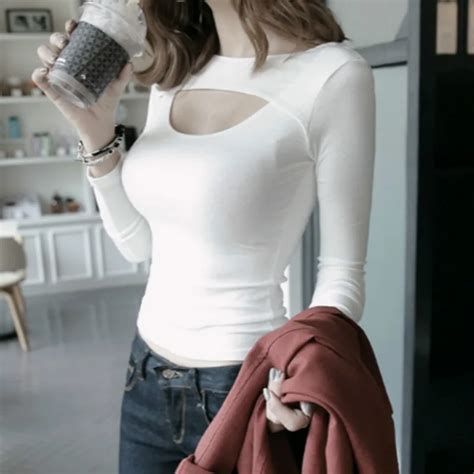 Harajuku T Shirts Women Longsleeve Chest And Back Hollow Out Sexy Tee