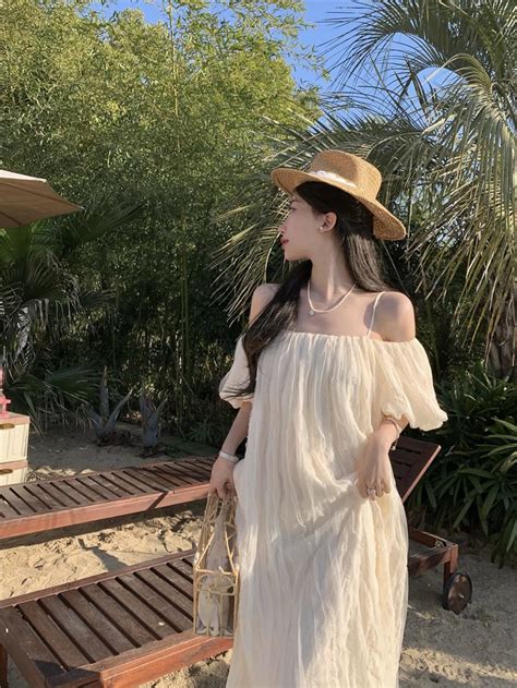 폴시띠아 스퀘어넥 오프숄더 소매퍼프 주름 플리츠 루즈핏 미디 롱 원피스 임부복 여름 청순 베이직 해외 여행룩 바캉스룩 데일리룩