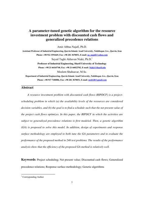 Pdf A Parameter Tuned Genetic Algorithm For The Resource Investment