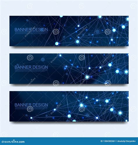 Abstract Molecules Banners Set With Lines Dots Circles Polygons Vector Design Network