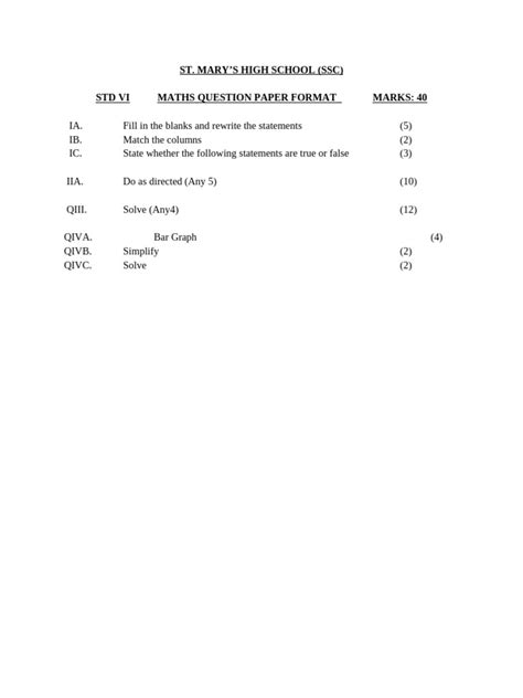 Std 6 Maths Question Paper Format Pdf
