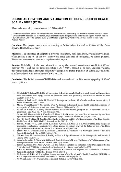 Pdf Polish Adaptation And Validation Of Burn Specific Health Scale Brief Julia