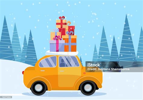 선물 지붕에 크리스마스 트리와 복고풍 자동차의 평면 벡터 만화 그림 선물 상자를 들고 작은 노란색 자동차 차량 차량 측면 보기입니다 겨울 눈 덮인 숲 플랫 만화 스타일의