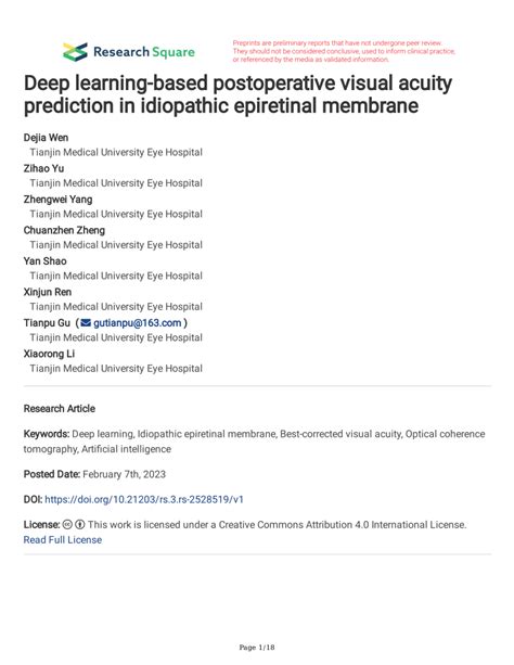 Pdf Deep Learning Based Postoperative Visual Acuity Prediction In Idiopathic Epiretinal Membrane