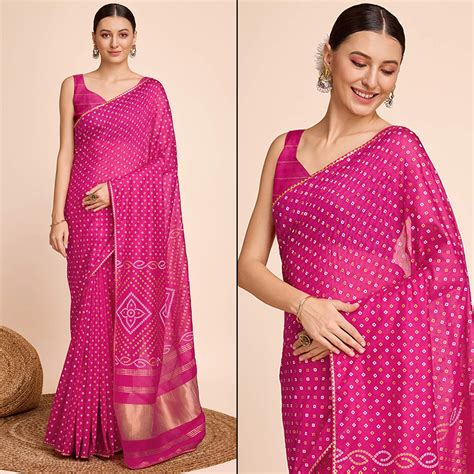 Pink Bandhani Printed Cotton Silk Saree