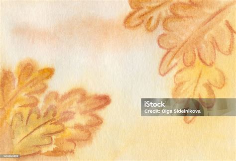 주황색 노란색 갈색 오크 잎으로 추상적 인 배경을 그린 손의 수채화 그림 숲속의 자연 가을 꽃 풍경 프레임 초대장 인테리어 배너 포스터를위한 예술 가을에 대한 스톡 벡터