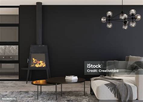 벽난로가 있는 아름다운 현대적인 거실 현대적인 스타일의 인테리어 디자인 불타는 장작 불 아늑하고 편안한 분위기 소파 테이블 콘크리트 바닥 스토브 나무로 난방 3d 렌더링 0