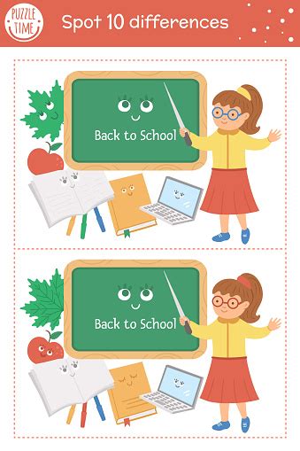 학교로 돌아가서 아이들을위한 차이점 게임을 찾습니다 칠판과 가와이학교 옆에 있는 교사와 함께 하는 교육 활동 귀여운 재미 미소 캐릭터와 인쇄 워크 시트 9월에 대한 스톡