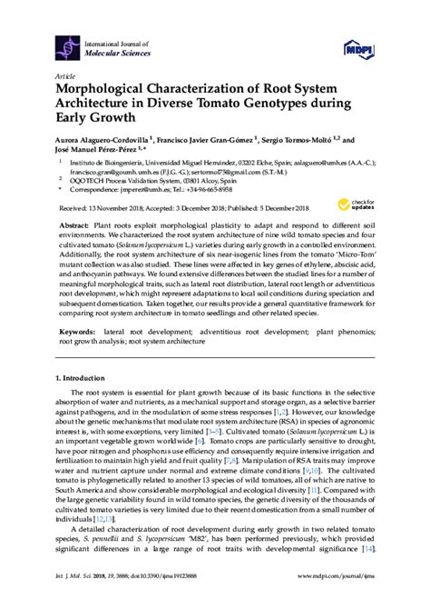 Pdf Morphological Characterization Of Root System Architecture In Diverse Tomato Genotypes