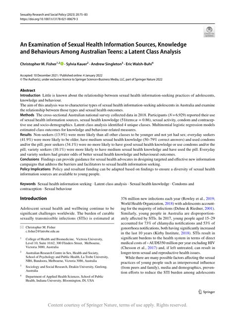 An Examination Of Sexual Health Information Sources Knowledge And Behaviours Among Australian