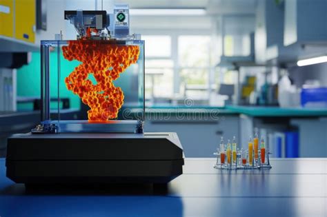 Innovative 3d Printer Showcasing Vibrant Orange Molecular Structure In A Modern Lab Setup Stock