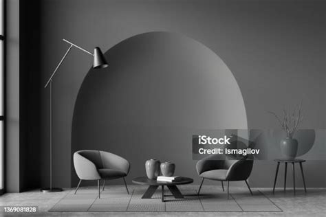 빌라 거실 디자인 인테리어의 공간 모형 벽 어두운 회색 벽에 회색 가구 콘크리트 바닥 램프가있는 안락 의자 휴식의 개념 3d 렌더링 흑백에 대한 스톡 사진 및 기타 이미지