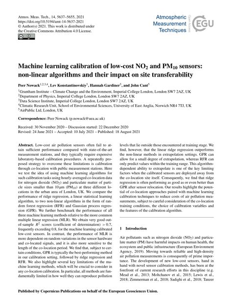 Pdf Machine Learning Calibration Of Low Cost No 2 And Pm 10 Sensors Non Linear Algorithms And