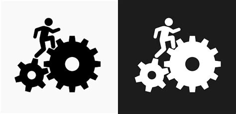 흑인과 백인 벡터 배경에 기어 아이콘을 등산 스틱 그림 개념 기호에 대한 스톡 벡터 아트 및 기타 이미지 개념 기호 검은색