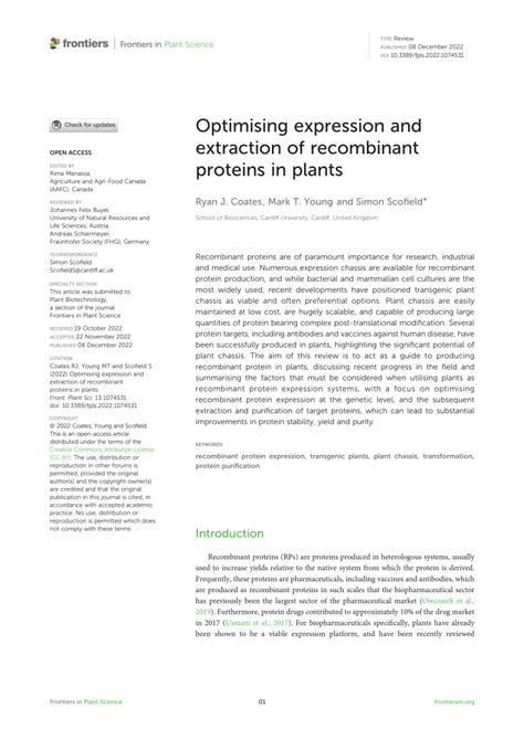 Pdf Optimising Expression And Extraction Of Recombinant Proteins In Plants