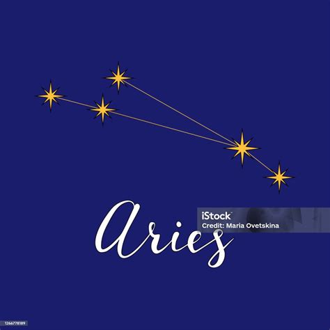 양자리 별자리 점성술 벡터 일러스트와 손 글자 인스크리프리온 어두운 파란색 배경에 고립 된 노란색 별과 선으로 만든 별자리 조디악 기호 0명에 대한 스톡 벡터 아트 및 기타