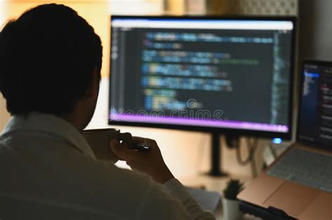 Back View Of Male Software Developers Programming On Desktop Computer