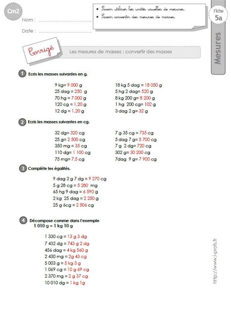 Cm2 Exercices Mesures De Masses Conversion
