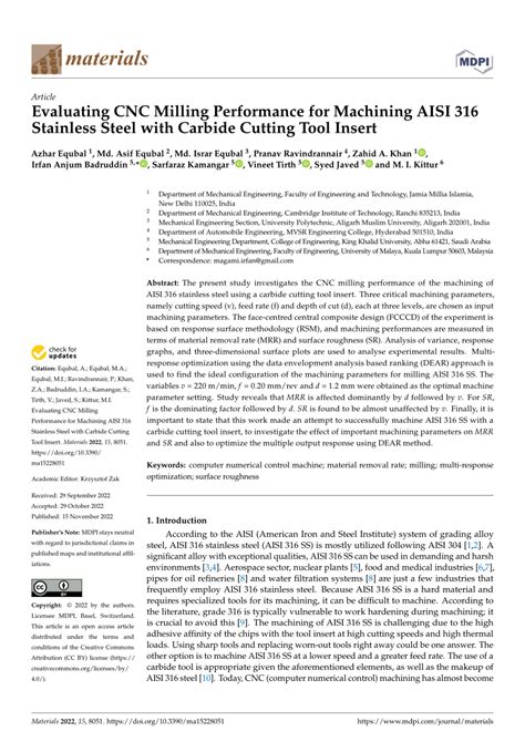 Pdf Evaluating Cnc Milling Performance For Machining Aisi 316 Stainless Steel With Carbide