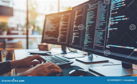 Programmer Coding At A Minimalist Desk With Multiple Screens Stock