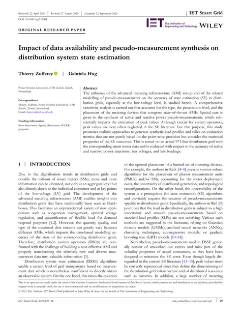 Pdf Impact Of Data Availability And Pseudo‐measurement Synthesis On Distribution System State