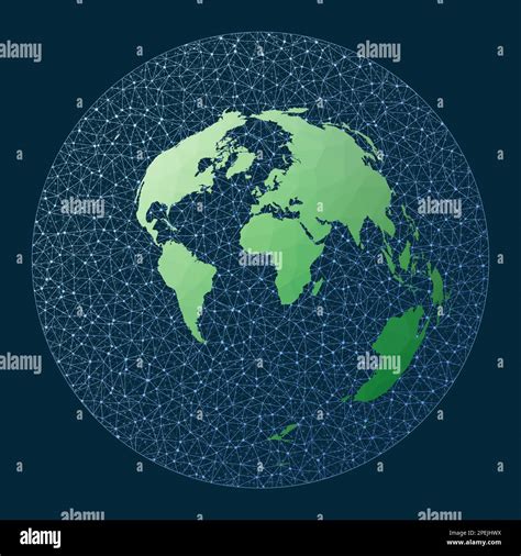 Abstract Telecommunication World Map Azimuthal Equidistant Projection Green Low Poly World Map