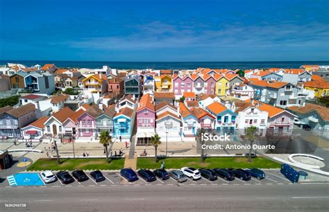 Costa Nova Beach In Aveiro Coast Portugal Aerial View By Drone Stock