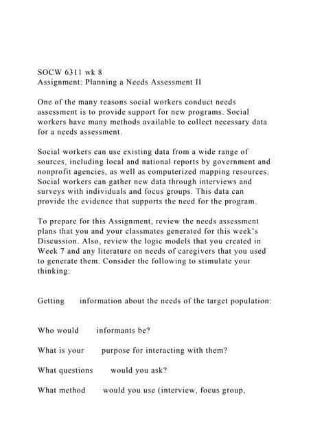 Socw 6311 Wk 8 Assignment Planning A Needs Assessment Iiodocx