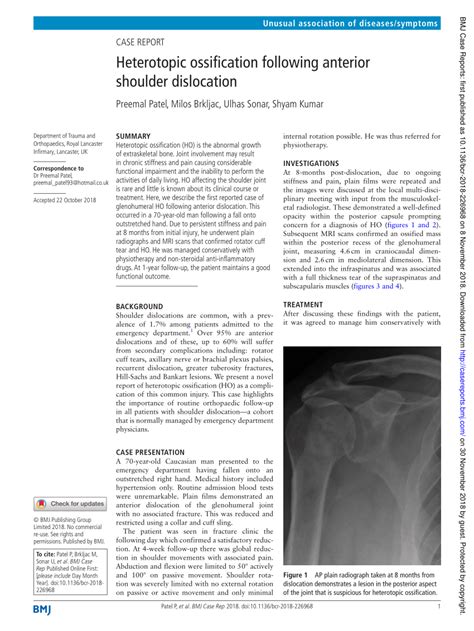 Pdf Heterotopic Ossification Following Anterior Shoulder Dislocation