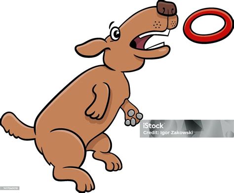 Vetores De Cão De Desenho Animado Pulando E Pegando Um Brinquedo De