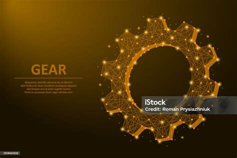 포인트와 라인으로 만든 기어 황금 다각형 와이어 프레임 메쉬 기계 기술 기계 엔지니어링 기호 벡터 기어 기계 부분에 대한 스톡