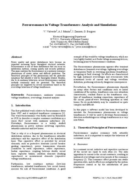 Ferroresonance In Voltage Transformers Analysis And Simulations Pdf Inductance Electrical