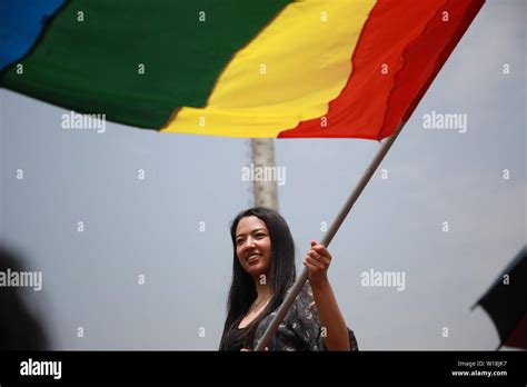 Kathmandu Nepal 29 June 2019 A Girl Waves A Flag During The Nepals