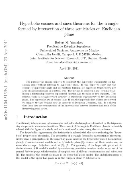 Hyperbolic Cosines And Sines Theorems For The Triangle Formed By Intersection Of Three