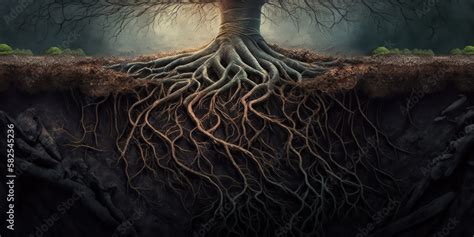 Panorama Of Tree Roots System Extending Underground Soil Cross Section