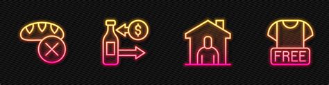 노숙자를위한 세트 라인 쉼터 기부 음식 유리 병 리셉션 및 의류 기부 빛나는 네온 아이콘 벡터 개념에 대한 스톡 벡터 아트 및 기타 이미지 Istock
