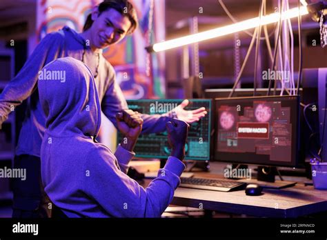 Smiling Criminals Hacking Database And Showing Victory Gesture After Successful Breach Happy