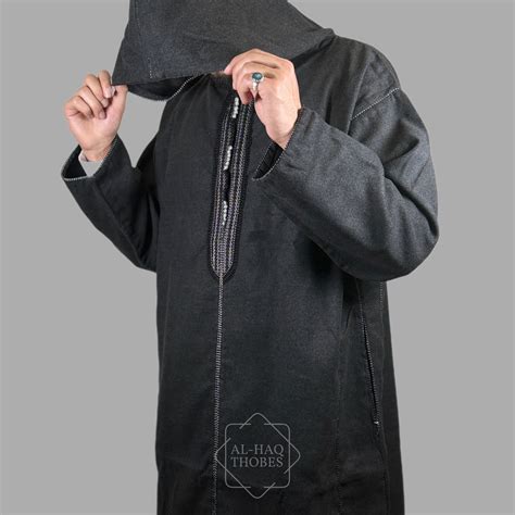Black Hooded Moroccan Thobe Ash Black Hooded Djellaba Al Haq Thobes