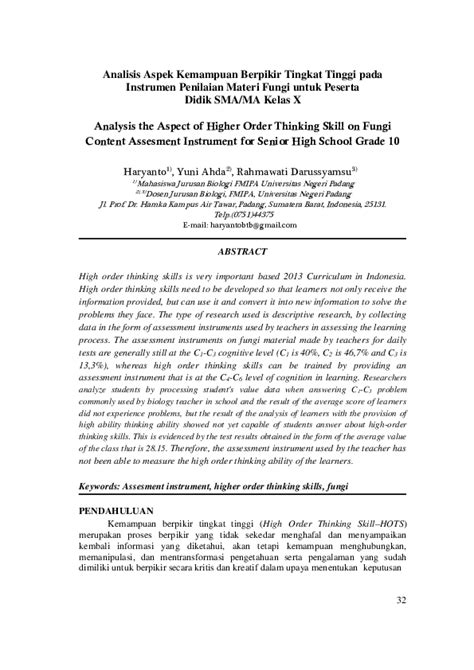 Pdf Analysis The Aspect Of Higher Order Thinking Skill On Fungi Content Assesment Instrument